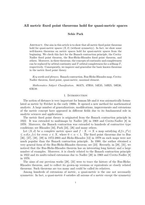 Pdf All Metric Fixed Point Theorems Hold For Quasi Metric Spaces Revised Edition