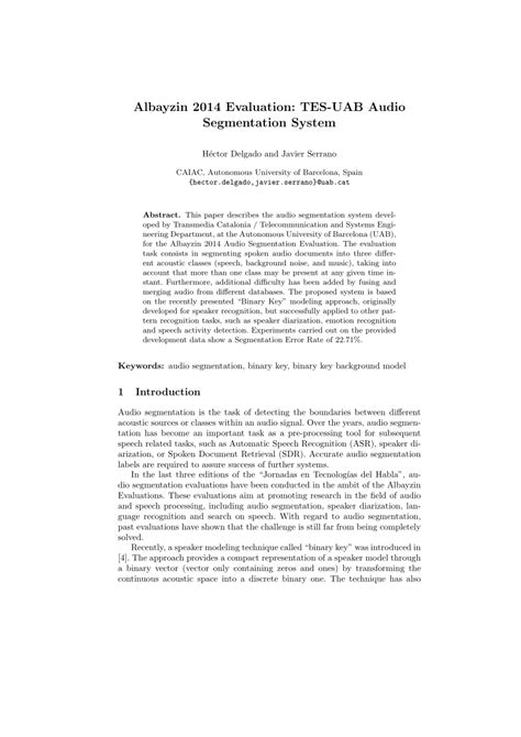 pdf albayzin 2014 evaluation tes uab audio segmentation system