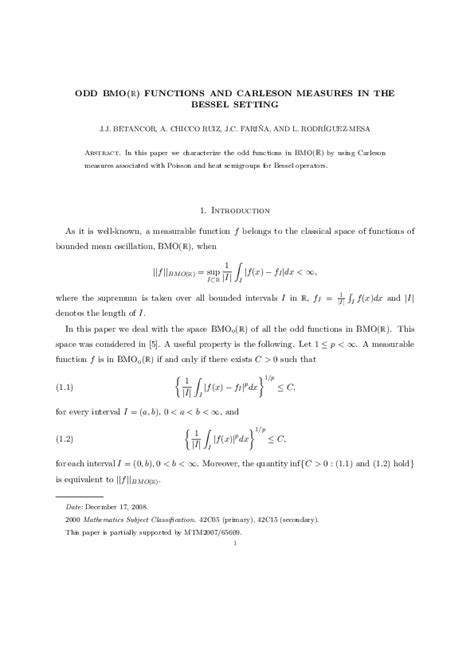 Pdf Odd Bmo Functions And Carleson Measures In The Bessel Setting