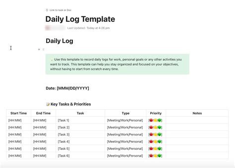 Daily Log Template Template By Clickup™
