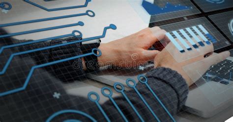 Image Of Graphs Circles And Circuit Board Pattern Over Caucasian Man