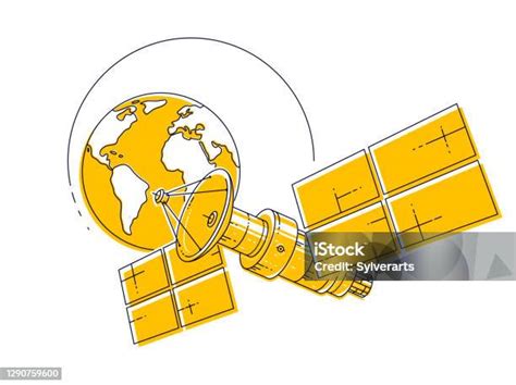 위성 비행 궤도 비행 지구 태양 전지 패널및 위성 안테나 플레이트통신 기술 우주선 우주 정거장 얇은 선 3d 벡터 그림 0명에 대한 스톡 벡터 아트 및 기타 이미지 Istock