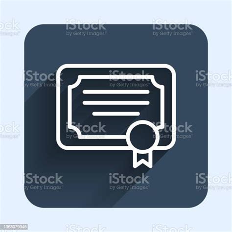 긴 그림자 배경으로 격리된 화이트 라인 인증서 템플릿 아이콘입니다 성취 수상 학위 보조금 졸업장 개념 파란색 정사각형 버튼 벡터 고무도장에 대한 스톡 벡터 아트 및 기타