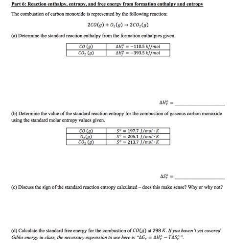 Solved Part Reaction Enthalpy Entropy And Free Energy Chegg