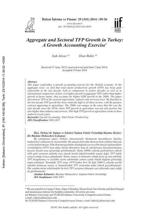 Pdf Aggregate And Sectoral Tfp Growth In Turkey A Growth Accounting