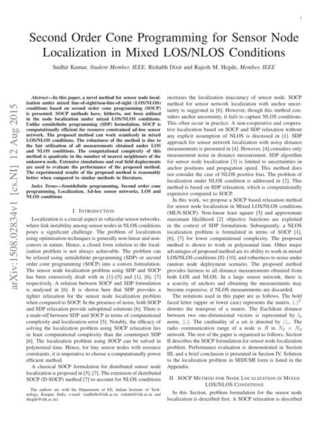 pdf second order cone programming for sensor node localization in