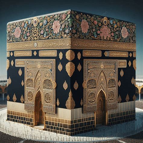 검은 표지를 장식하는 황금색 아랍어 텍스트가 있는 메카의 상단 모서리 카바 이미지 메카 카바의 상단 모서리 이미지 검정색 표지를 장식하는 황금색 아랍어 텍스트로 메카