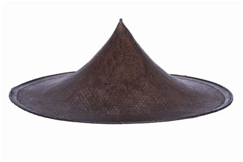 A Cambodian Traditional Large Circular And Pointed Finely Woven Brown Wicker Hat