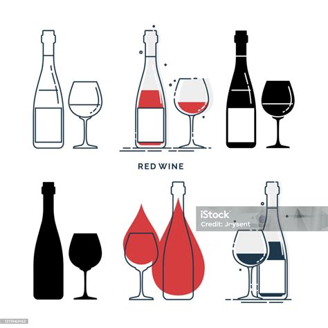 다른 스타일의 레드 와인병과 안경 세트 레스토랑 바 술집을위한 템플릿 알코올 음료 한 잔의 음료를 수집합니다 흰색 배경에 격리 된 평면 그림 0명에 대한 스톡 벡터 아트 및
