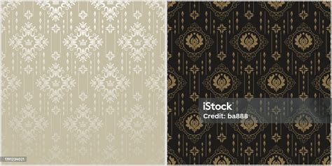빈티지 배경 패턴 르네상스 예술 복고풍 스타일의 두 배경 사진 원활한 벡터 배경 패턴 집합입니다 이미지의 색상 블랙 그레이 실버 골드 벡터 연속무늬에 대한 스톡 벡터 아트
