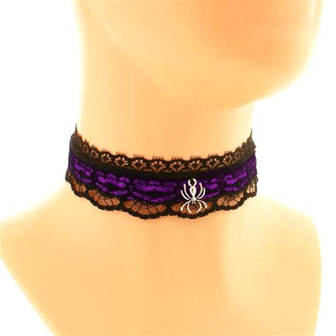 Satin Purple Choker Necklace With Black Lace Thin Elegant Evening