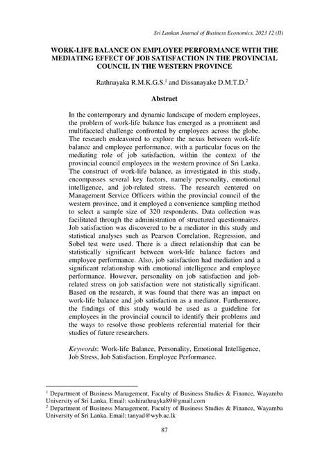 pdf work life balance on employee performance with the mediating