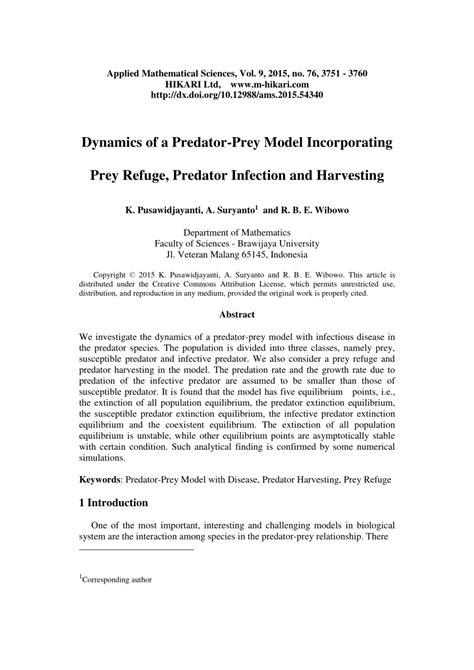Pdf Dynamics Of A Predator Prey Model Incorporating Prey Refuge Predator Infection And Harvesting