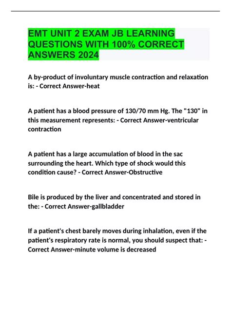 EMT UNIT EXAM JB LEARNING QUESTIONS WITH CORRECT ANSWERS EMT Stuvia US