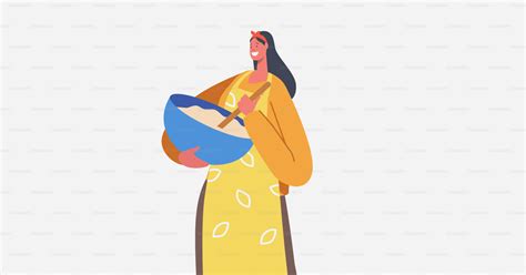 그릇에 반죽을 섞은 여자 빵집을 요리하는 독신 여성 캐릭터 하얀 배경에 고립된 페이스트리 또는 빵 어머니 주부 요리사가