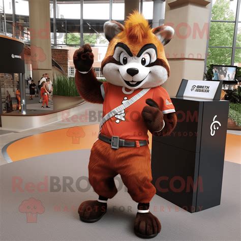 Rust Skunk Redbrokoly Mascot Costume Character Dressed With A Sheath
