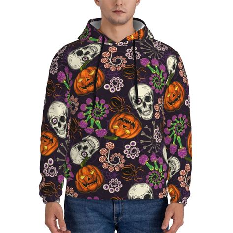 Adobk Halloween With Skull Print Mens Pullover Hoodie Pullover Hooded