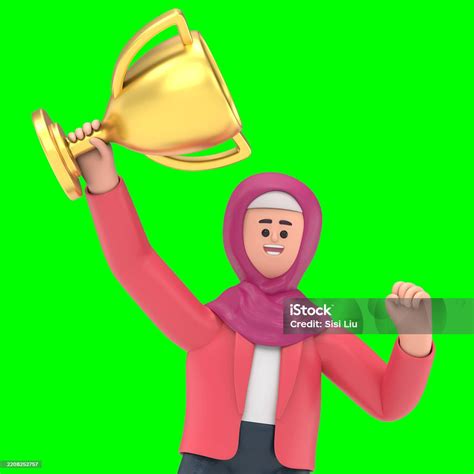 웃는 아랍 여성 Ghaliyah의 3d 일러스트레이션은 골든 위너 컵 그린 스크린에서 그린 스크린 Mockup3d 렌더링을 들고 푸티지 및 클리핑 경로를 제공합니다 3차원