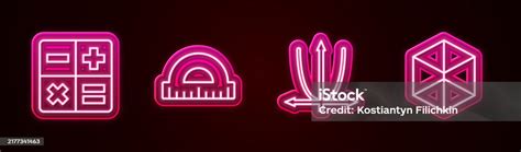 Set Line Calculator Protractor Graph Schedule Chart Diagram And Geometric Figure Cube Glowing