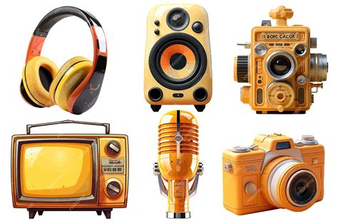 흰색 배경 벡터 일러스트 레이 션에 고립 된 3d 개체 헤드폰 마이크 스피커 카메라 복고풍 Tv 영화 프로젝터 세트 프리미엄 벡터