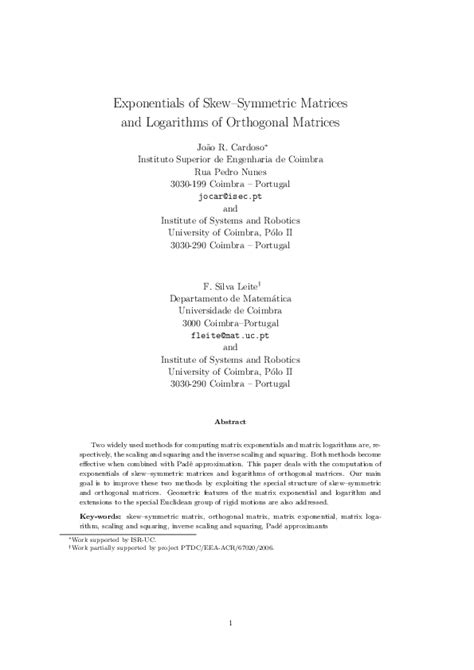 Pdf Exponentials Of Skew Symmetric Matrices And Logarithms Of