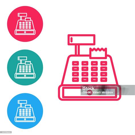 흰색 배경에 격리 된 검사 아이콘과 빨간색 선 금전 등록기 기계 출납사인 캐시박스 기호입니다 원 버튼으로 아이콘을 설정합니다
