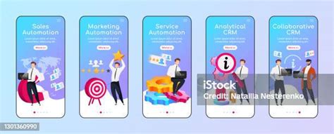 Crm 유형 및 장점 온보딩 모바일 앱 화면 평면 벡터 템플릿 영업 자동화 문자와 함께 연습 웹 사이트 단계 Ux Ui Gui 스마트 폰 만화 인터페이스 케이스 인쇄 세트