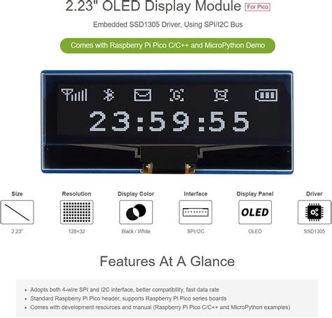 Waveshare 2 23inch Oled Display Module For Raspberry Pi Pico 128×32 Pixels Spi I2c Interface