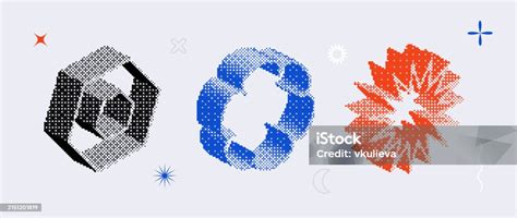 Textured Bitmap Shapes Set Blue Red Black Dither Halftone Objects Collection 3d Star Flower