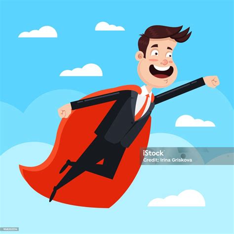 강한 용사 보스 사무실 작업자 사업가 슈퍼 히어로 초인적인 빨간 케이프 의상 문자 비행 하늘에 우승자 성공 자신감 리더십