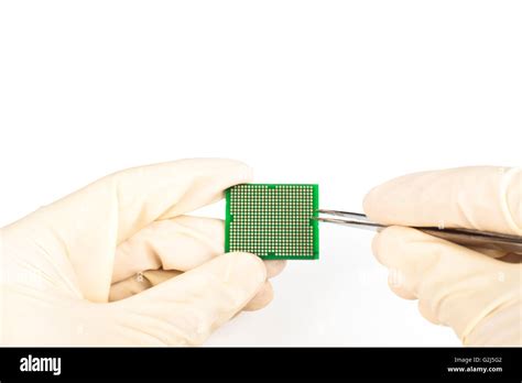 Holding Small Microprocessor And Repair It Isolated On White Background Stock Photo Alamy