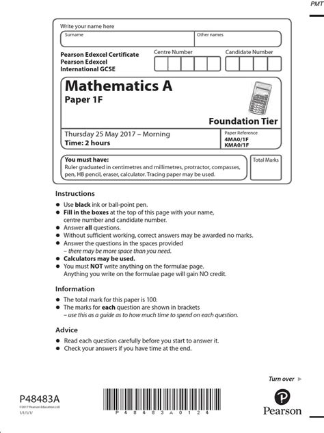 June 2017 Qp Paper 1f Edexcel Maths A Igcse Pdf Area Mathematics