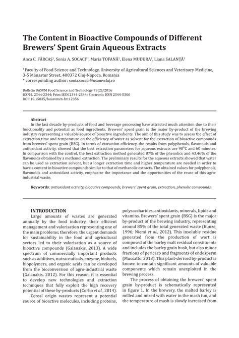 Pdf The Content In Bioactive Compounds Of Different Brewers Spent