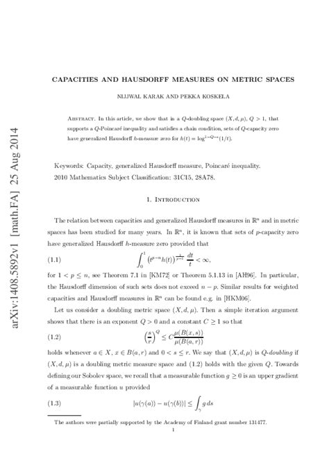 Pdf Capacities And Hausdorff Measures On Metric Spaces