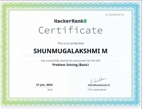 Earned Hackerrank Problem Solving Certificate Shunmugalakshmi M Posted On The Topic Linkedin