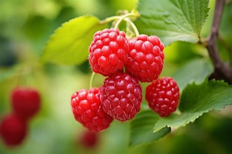 Premium Ai Image Ripe Raspberry In Garden Red Sweet Berry Growing Ai