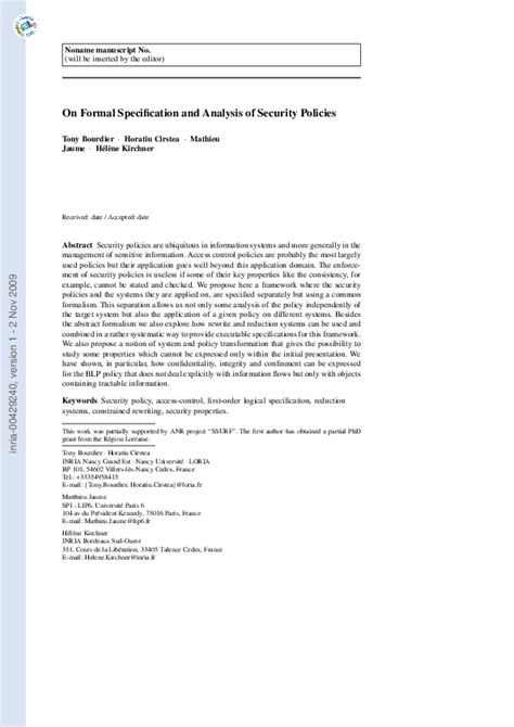 Pdf On Formal Specification And Analysis Of Security Policies