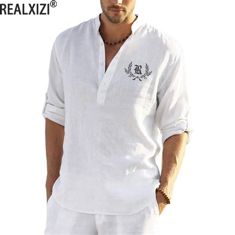 남성용 리넨 긴팔 셔츠 라지 사이즈 티셔츠 단색 코튼 리넨 셔츠 레트로 스탠드업 칼라 상의 여름 티셔츠