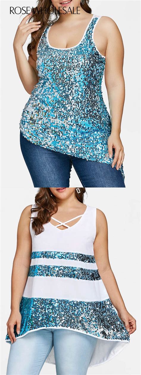 1525 Plus Size Sequined Asymmetric Tank Top 2xl Rosewholesale Plus