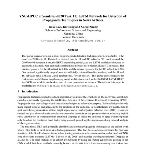 ynu hpcc at semeval 2020 task 11 lstm network for detection of