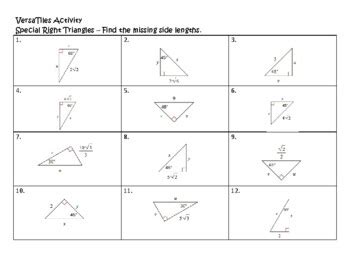 Algebra VersaTiles Card Sort Matching Special Right Triangles By Brook Buckelew