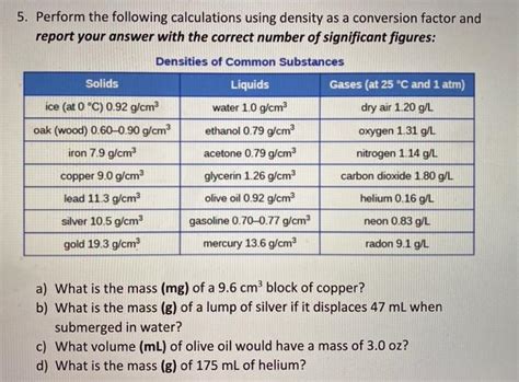 Solved 5 Perform The Following Calculations Using Density