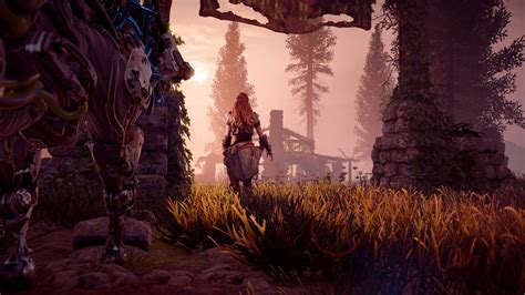 배경 화면 경치 숲 비디오 게임 잔디 하늘 공상 과학 소설 플레이 스테이션 4 수평선 제로 새벽 나무 어둠 스크린 샷 3840x2160 픽셀 컴퓨터