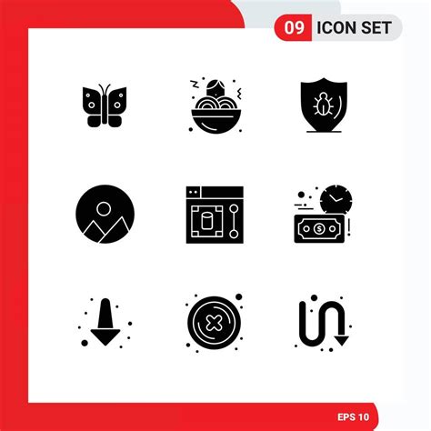 Pictogram Set Of 9 Simple Solid Glyphs Of Designer Web Programing Round