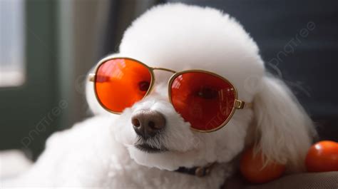 밝은 주황색 선글라스를 쓴 흰색 푸들 머리에 선글라스를 낀 흰색 토이 푸들 토마토와 미소 고화질 사진 사진 코 배경