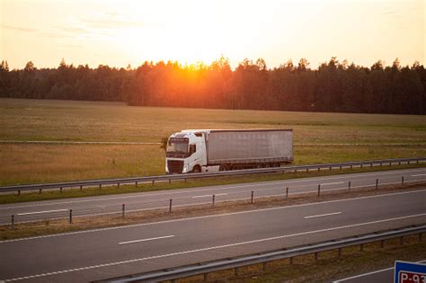 세미 트레일러가 달린 현대식 회색 트럭은 여름의 일몰과 숲을 배경으로 대용량화물을 운송합니다 텍스트 산업을 위한 복사 공간 0명에 대한 스톡 사진 및 기타 이미지 Istock