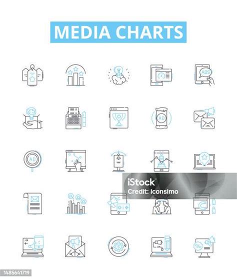 미디어 차트 벡터 라인 아이콘 설정 미디어 차트 트렌드 등급 데이터 그래프 박스 오피스 일러스트레이션 개요 개념 기호 및 기호 Mp3 플레이어에 대한 스톡 벡터 아트 및