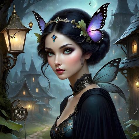 Premium Photo In A Quaint Old Village A Fairy Woman Stands Next To A Sign That Reads Believe