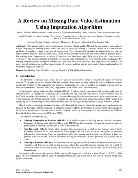 Pdf A Review On Missing Data Value Estimation Using Imputation Algorithm