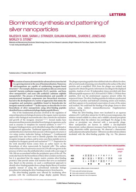 Pdf Biomimetic Synthesis And Patterning Of Silver Nanoparticles